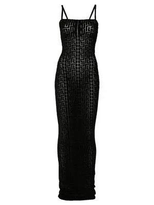 Balmain Long Velvet Monogram Dress With Spaghetti Straps - Nero