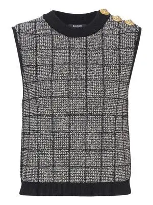 Balmain Tweed Knit Pullover With Lion-head Button Placket - Nero