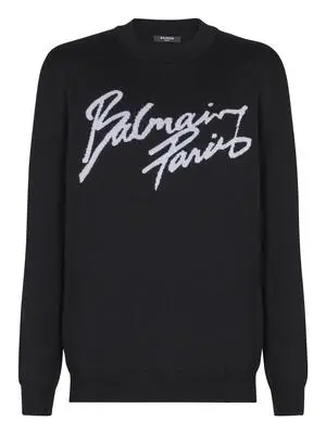 Balmain Merino Wool Blend Sweater With Intarsia Logo - Nero