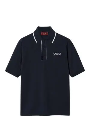 Gucci Embroidered Stretch Cotton Piqué Polo Shirt With Ribbed Trim And Button Closure - Blu