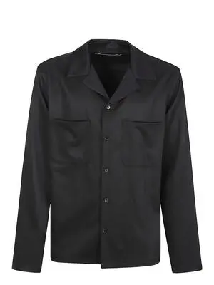 GOLDEN GOOSE Regular-fit Wool Camp-collar Shirt With Satin Lapel & Cuff Details, Welt Chest Pockets - Nero