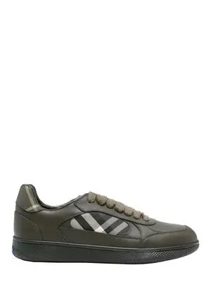 Burberry Equestrian Knight Lace-up Leather Sneakers With Woven Check Side Panels - Verde