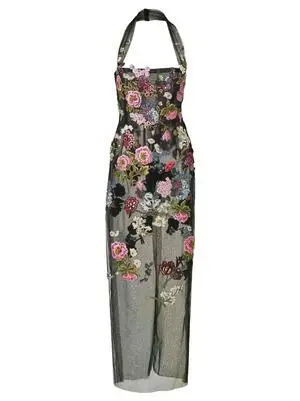 Carolina Herrera Floral Embroidered Tulle Column Gown - Black