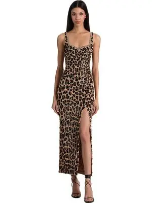 ALICE + OLIVIA Alice + Olivia Eve Embellished Leopard Print Midi Gown
