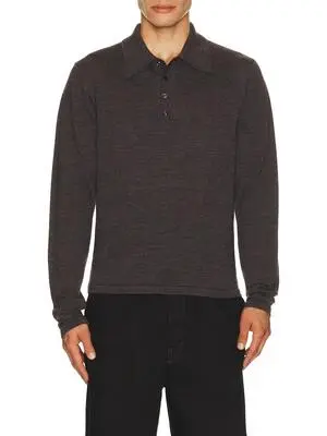 LEMAIRE Long Sleeve Knitted Polo Top In Brown - Ecorce