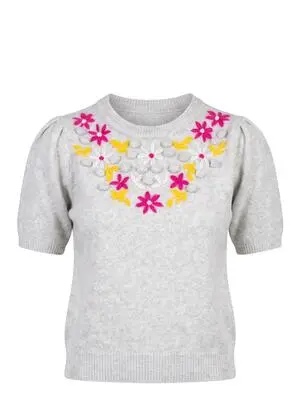 TANTRA SPAIN SL Embroidered Floral Short-sleeve Sweater - Grey