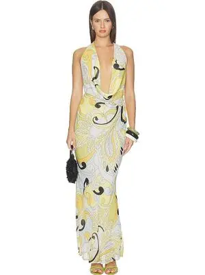 RUNAWAY THE LABEL Low Plunge Halter Maxi Dress - Pelicano Multi