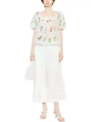Farm Rio Tropical Porcelain Puff-sleeve Blouse - White