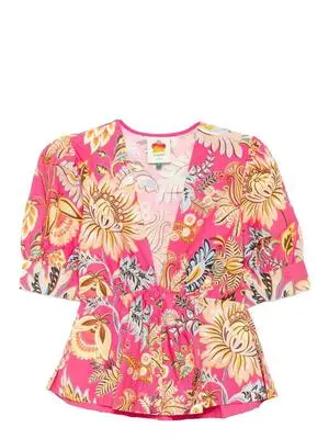 Farm Rio Floral Print Puff Sleeve Blouse - Pink