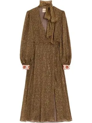Valentino Garavani Leopard Print Silk-blend Midi Dress With Embellished Cuffs - Brown