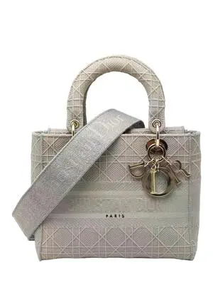 Dior Embroidered Canvas Cannage Lady D Lite Satchel - Grey