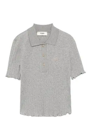 Fendi Ribbed-knit Polo Shirt With Scalloped Edges - Grey