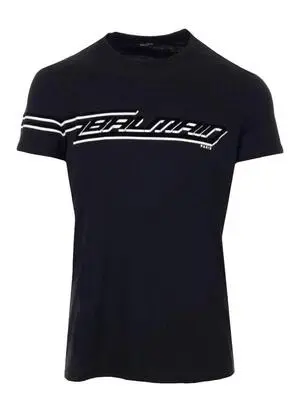 Balmain Flocked Cotton T-shirt With White Logo Print - Black