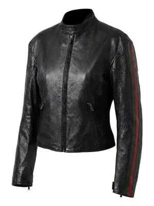 Gucci Leather Biker Jacket With Web Detail - Black