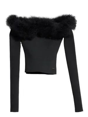 Gucci Rib Viscose Off-the-shoulder Top With Fuzzy Trim - Black