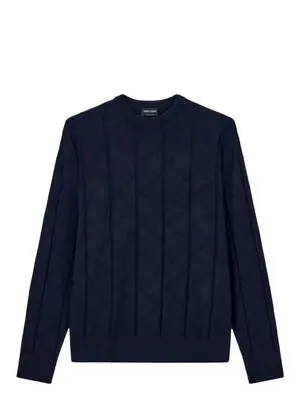 Giorgio Armani Regular Fit Chevron Virgin Wool Sweater - Navy Blue