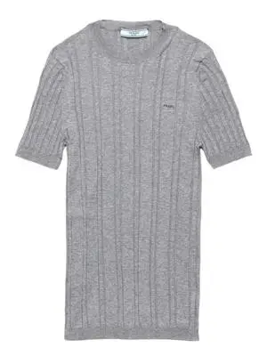 Prada Ribbed Knit Short Sleeve Cotton Sweater - Grey