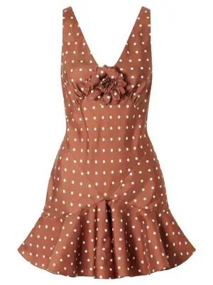 RODARTE Polka Dot Silk Dress With Floral Applique - Brown