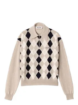 Miu Miu Cashmere Argyle Polo Sweater - Light Brown