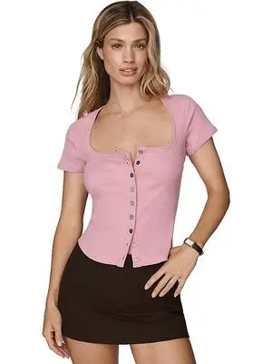 PILCRO Square Neck Button-front Cardigan Top - Pink