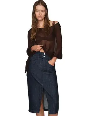 PILCRO Double Waist Denim Midi Skirt - Dark Denim