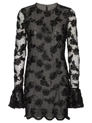 ROTATE BY BIRGER CHRISTENSEN Flower Mesh Long Sleeve Mini Dress - Black