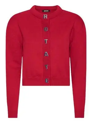 ROTATE BY BIRGER CHRISTENSEN Firm Knit Crew Neck Cardigan With Metal Letter Embellishment - Red