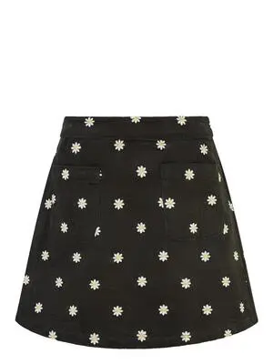 YUMI Embroidered Daisy Corduroy Mini Skirt - Black