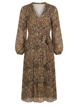 YUMI Ditsy Floral Pleated Midi Wrap Dress - Brown