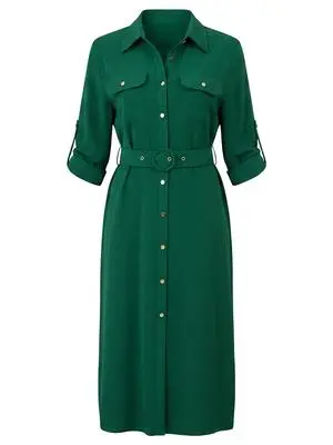 YUMI Stretch Midi Shirt Dress - Green