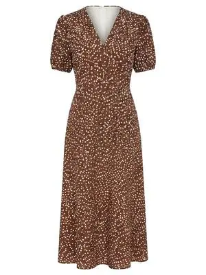 YUMI Yumi Spot Print Midi Dress With Puff Sleeves And Split Hemline