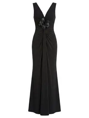 Mac Duggal Sleeveless V-neck Gown With 3d Flower Embellishment - Black