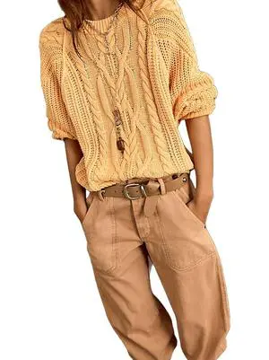Free People Cable Knit Cotton Pullover Sweater - Buff Orange