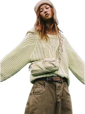 Free People Frankie Cable Knit Cotton Sweater - Lime Glo