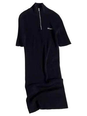 Miu Miu Ribbed Knit Cotton Short Sleeve Turtleneck Dress - Navy