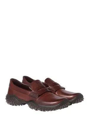 Miu Miu Leather Loafers With Embossed Logo - Coffee