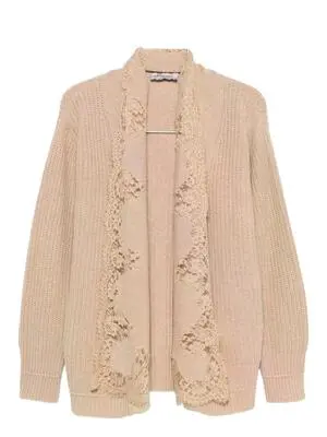 ERMANNO FIRENZE Lace Trim Ribbed Knit Cardigan - Neutrals