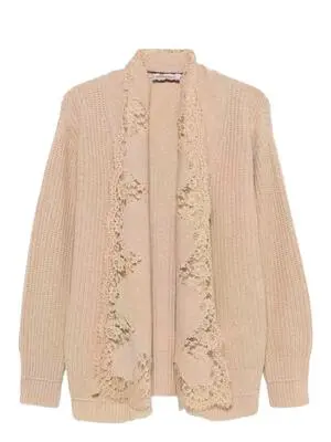 ERMANNO FIRENZE Lace Trim Ribbed Knit Cardigan - Neutrals