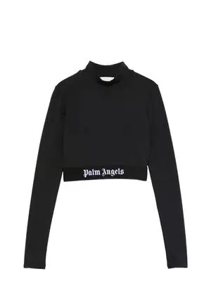 Palm Angels Logo Detail Cropped Mock Neck Top - Black