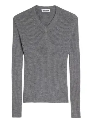 JIL SANDER Ribbed Knit V-neck Sweater - Grey
