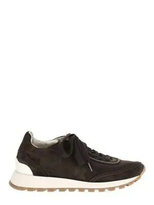 Brunello Cucinelli Suede Lace-up Sneakers With Monili Chain Detail - Brown