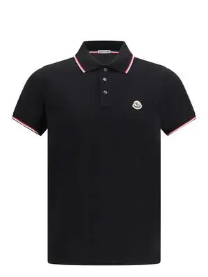 Moncler Polo Shirt In Cotton Piqué With Tricolour Details - Black