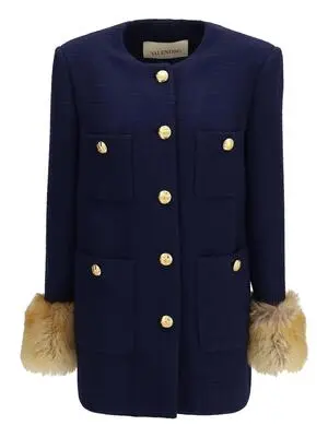 Valentino Garavani Wool Tweed Caban Coat With Shearling Cuffs - Blue