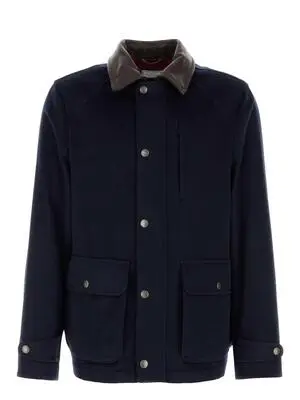 Brunello Cucinelli BRUNELLO CUCINELLI Navy Wool Jacket With Leather Collar Blue