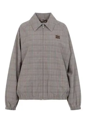 Miu Miu Checked Blouson With Embroidered Logo - Brown
