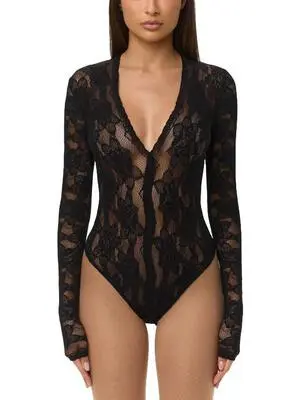 Naked Wardrobe Lace Deep V-neck Long Sleeve Bodysuit - Black