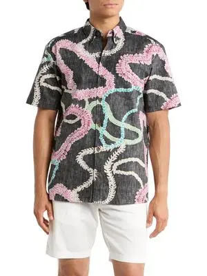 KAHALA Lei Aloha Short Sleeve Cotton Button-down Shirt - Black