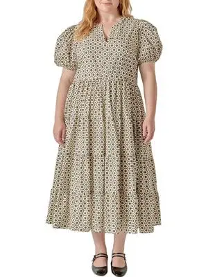English Factory Geometric Floral Print Puff Sleeve Midi Dress - Beige/black