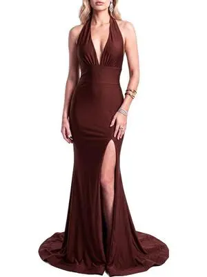 JESSICA ANGEL Open-back Halter Mermaid Gown With Bow Detail - Brown