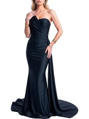 JESSICA ANGEL Jessica Angel One-Shoulder Draped Satin Mermaid Gown With Side Cascade Black